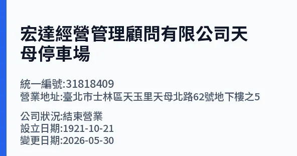 宏達經營管理顧問有限公司天母停車場的照片-統編 31818409(臺北市) 公司登記資料與營業項目詳細圖表