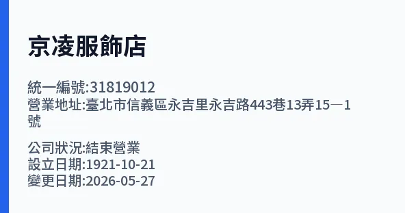 京凌服飾店的照片-統編 31819012(臺北市) 公司登記資料與營業項目詳細圖表