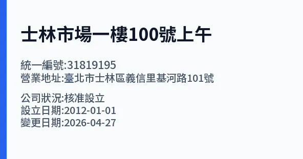 士林市場一樓100號上午的照片-統編 31819195(臺北市) 公司登記資料與營業項目詳細圖表