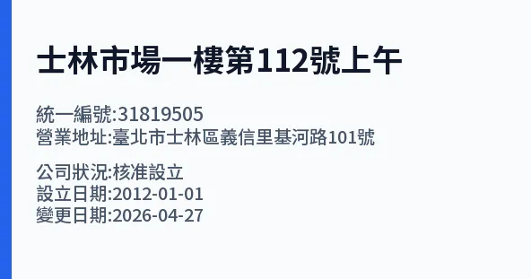 士林市場一樓第112號上午的照片-統編 31819505(臺北市) 公司登記資料與營業項目詳細圖表