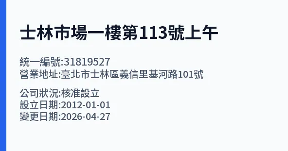 士林市場一樓第113號上午的照片-統編 31819527(臺北市) 公司登記資料與營業項目詳細圖表