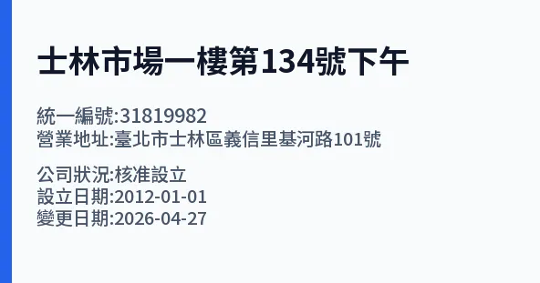 士林市場一樓第134號下午的照片-統編 31819982(臺北市) 公司登記資料與營業項目詳細圖表