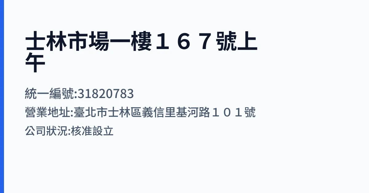 士林市場一樓１６７號上午 - 統編 31820783（臺北市） 公司登記資料與營業項目詳細圖表