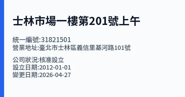 士林市場一樓第201號上午的照片-統編 31821501(臺北市) 公司登記資料與營業項目詳細圖表