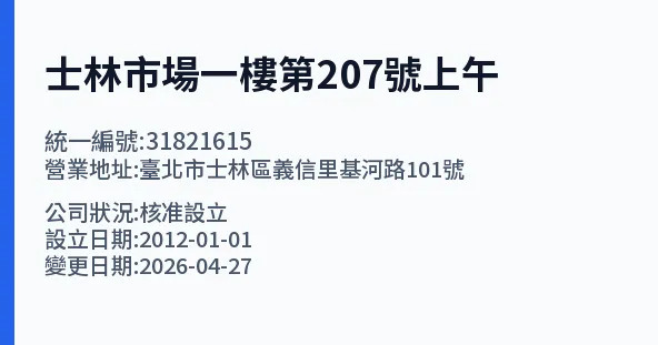 士林市場一樓第207號上午的照片-統編 31821615(臺北市) 公司登記資料與營業項目詳細圖表