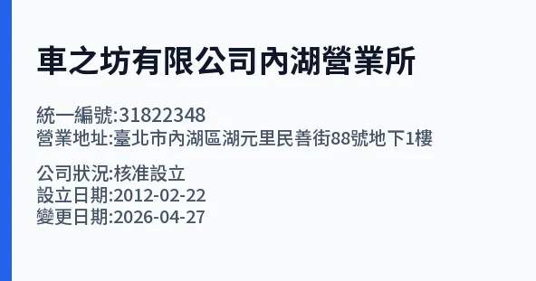 車之坊有限公司內湖營業所的照片-統編 31822348(臺北市) 公司登記資料與營業項目詳細圖表