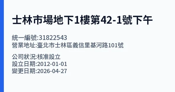 士林市場地下1樓第42-1號下午的照片-統編 31822543(臺北市) 公司登記資料與營業項目詳細圖表