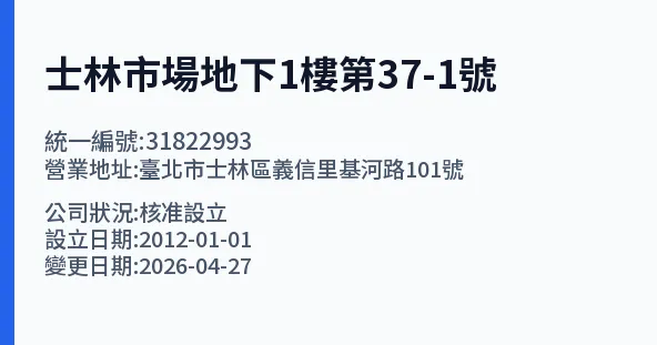 士林市場地下1樓第37-1號的照片-統編 31822993(臺北市) 公司登記資料與營業項目詳細圖表