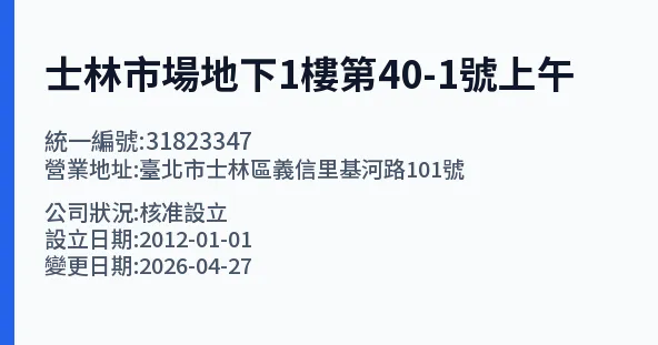 士林市場地下1樓第40-1號上午的照片-統編 31823347(臺北市) 公司登記資料與營業項目詳細圖表