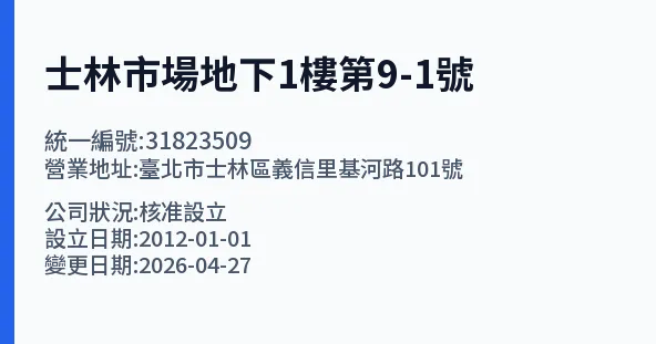 士林市場地下1樓第9-1號的照片-統編 31823509(臺北市) 公司登記資料與營業項目詳細圖表
