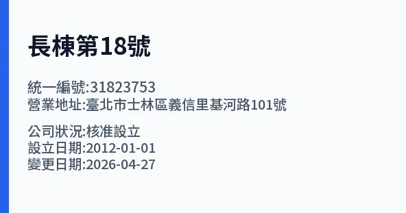 長棟第18號的照片-統編 31823753(臺北市) 公司登記資料與營業項目詳細圖表