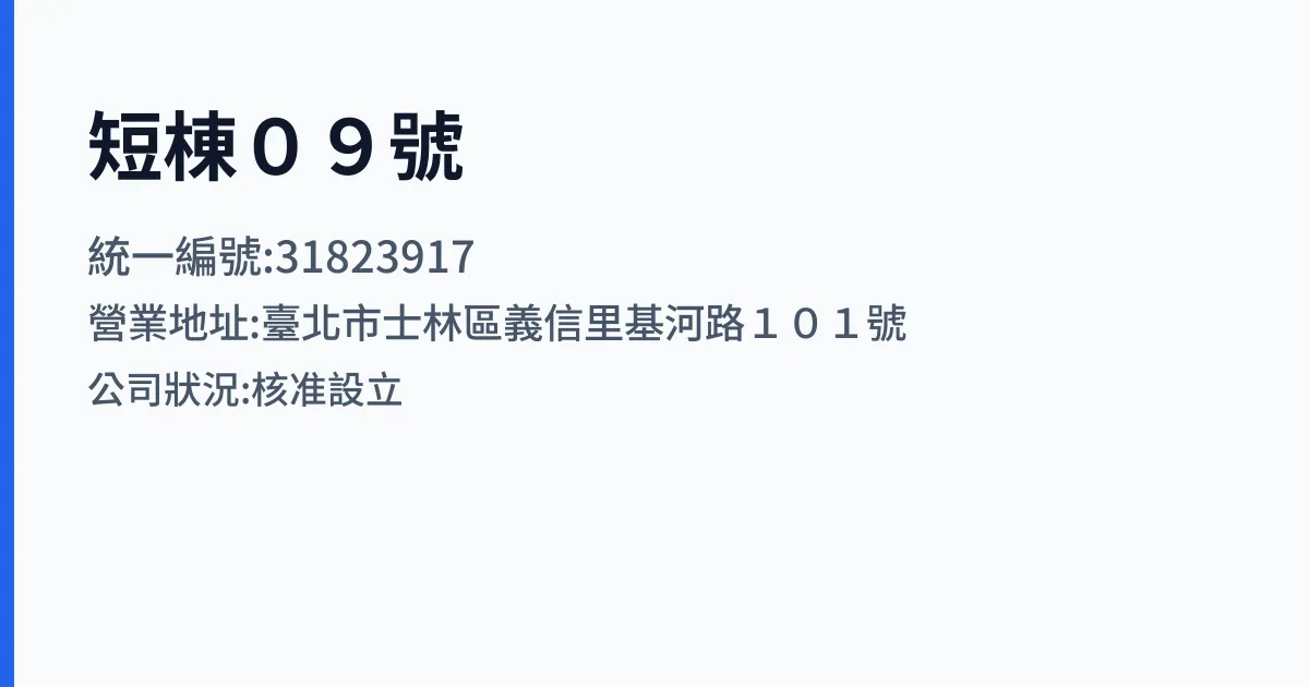 短棟０９號 - 統編 31823917（臺北市） 公司登記資料與營業項目詳細圖表