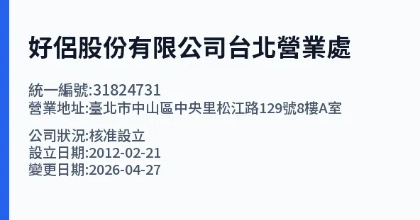 好侶股份有限公司台北營業處的照片-統編 31824731(臺北市) 公司登記資料與營業項目詳細圖表