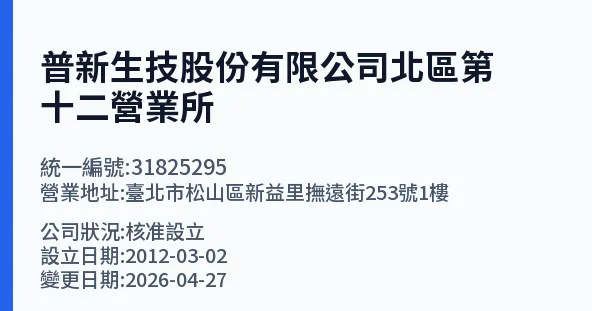 普新生技股份有限公司北區第十二營業所的照片-統編 31825295(臺北市) 公司登記資料與營業項目詳細圖表