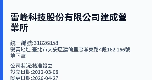 雷峰科技股份有限公司建成營業所的照片-統編 31826858(臺北市) 公司登記資料與營業項目詳細圖表