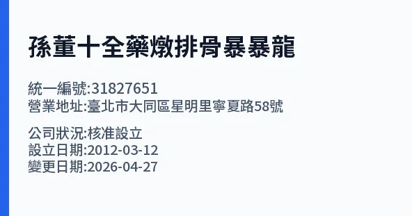 孫董十全藥燉排骨暴暴龍的照片-統編 31827651(臺北市) 公司登記資料與營業項目詳細圖表