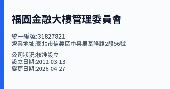 福圓金融大樓管理委員會的照片-統編 31827821(臺北市) 公司登記資料與營業項目詳細圖表