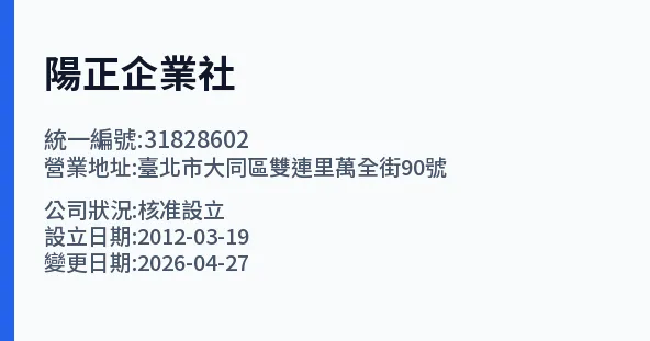 陽正企業社的照片-統編 31828602(臺北市) 公司登記資料與營業項目詳細圖表