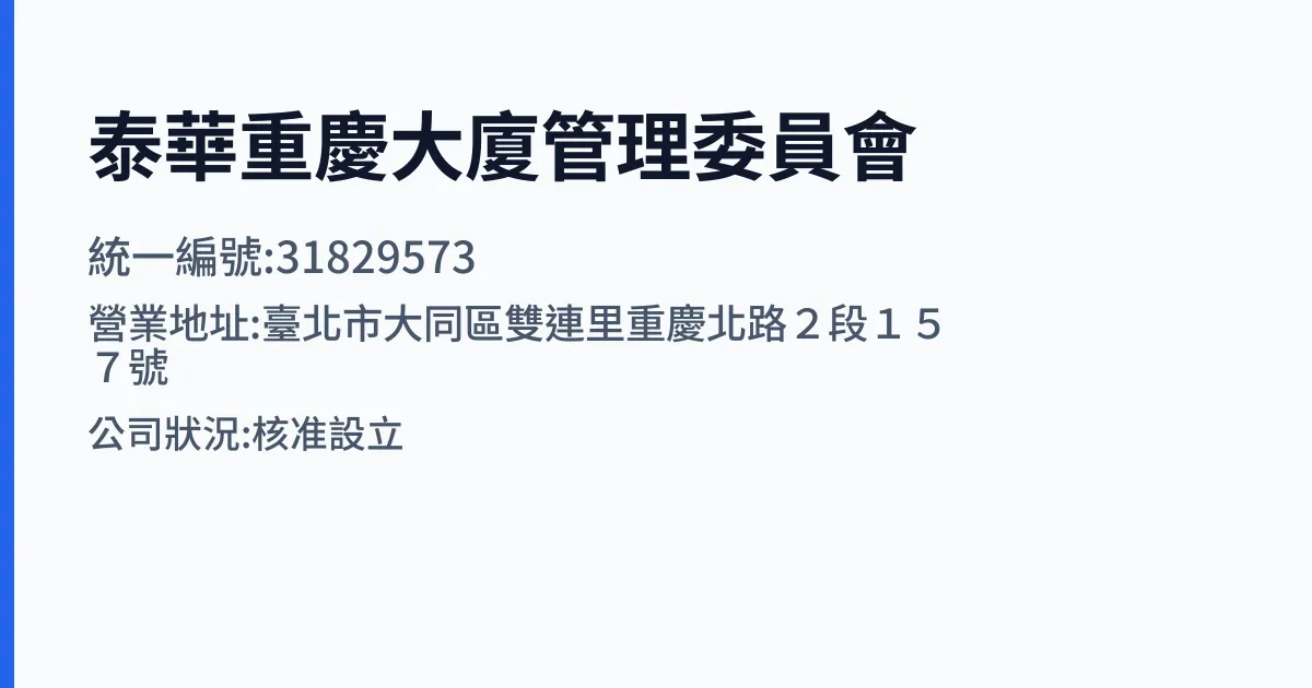 泰華重慶大廈管理委員會 - 統編 31829573(臺北市) 公司登記資料與營業項目詳細圖表