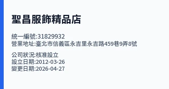聖昌服飾精品店的照片-統編 31829932(臺北市) 公司登記資料與營業項目詳細圖表