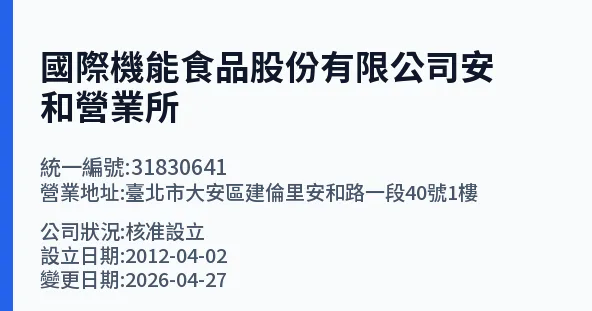 國際機能食品股份有限公司安和營業所的照片-統編 31830641(臺北市) 公司登記資料與營業項目詳細圖表
