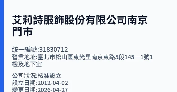 艾莉詩服飾股份有限公司南京門市的照片-統編 31830712(臺北市) 公司登記資料與營業項目詳細圖表