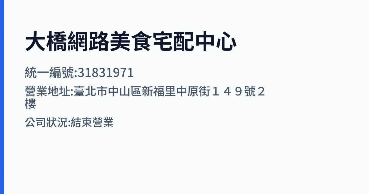 大橋網路美食宅配中心 - 統編 31831971(臺北市) 公司登記資料與營業項目詳細圖表