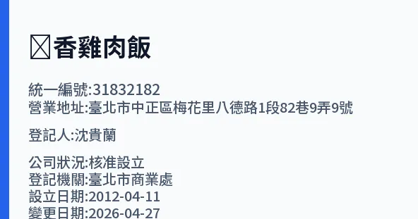噽香雞肉飯的照片-統編 31832182(臺北市) 公司登記資料與營業項目詳細圖表