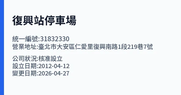 復興站停車場的照片-統編 31832330(臺北市) 公司登記資料與營業項目詳細圖表