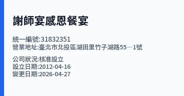 謝師宴感恩餐宴的照片-統編 31832351(臺北市) 公司登記資料與營業項目詳細圖表