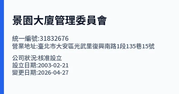 景園大廈管理委員會的照片-統編 31832676(臺北市) 公司登記資料與營業項目詳細圖表