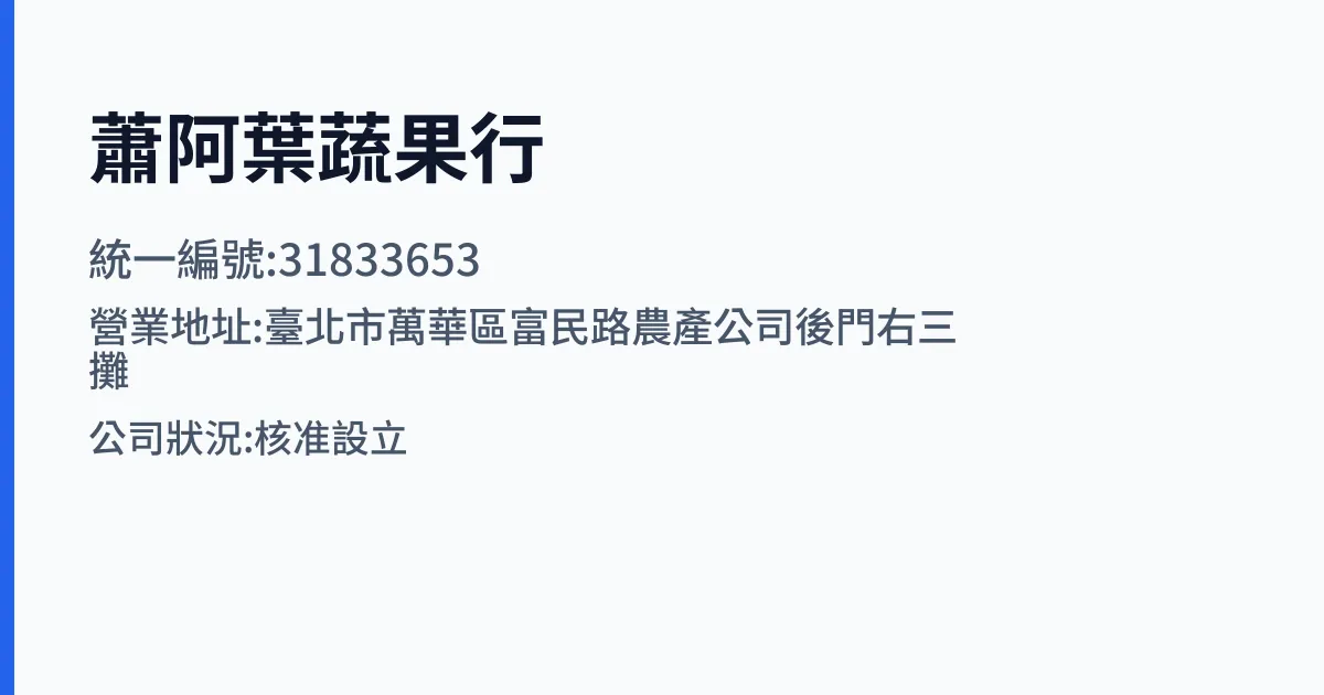 蕭阿葉蔬果行 - 統編 31833653(臺北市) 公司登記資料與營業項目詳細圖表