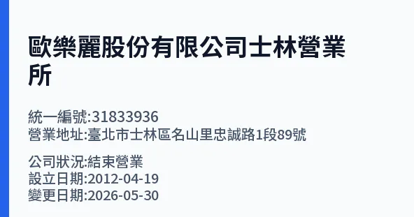 歐樂麗股份有限公司士林營業所的照片-統編 31833936(臺北市) 公司登記資料與營業項目詳細圖表