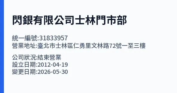 閃銀有限公司士林門市部的照片-統編 31833957(臺北市) 公司登記資料與營業項目詳細圖表