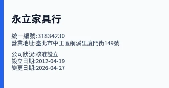 永立家具行的照片-統編 31834230(臺北市) 公司登記資料與營業項目詳細圖表