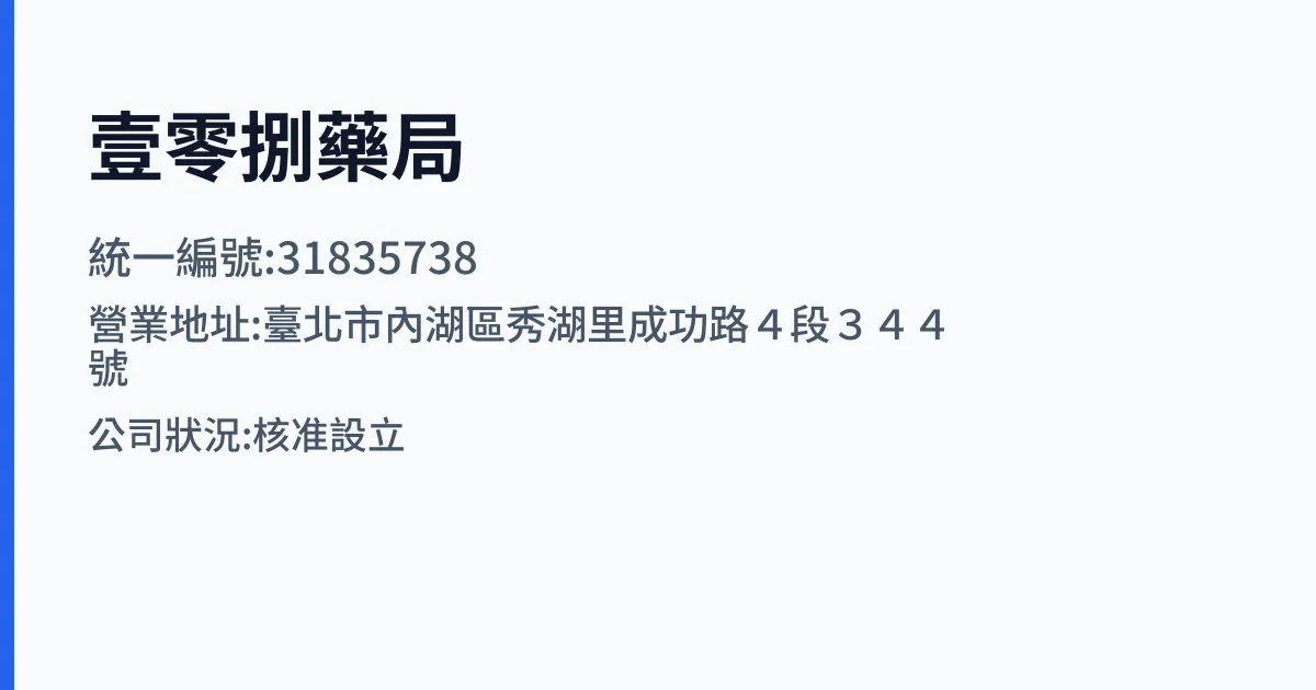 壹零捌藥局 - 統編 31835738(臺北市) 公司登記資料與營業項目詳細圖表