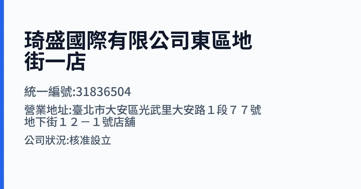 琦盛國際有限公司東區地街一店 - 統編 31836504(臺北市) 公司登記資料與營業項目詳細圖表