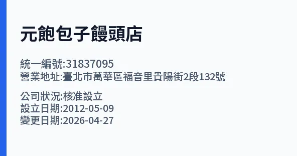 元飽包子饅頭店的照片-統編 31837095(臺北市) 公司登記資料與營業項目詳細圖表