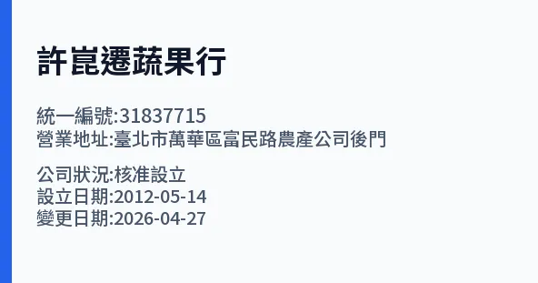 許崑遷蔬果行的照片-統編 31837715(臺北市) 公司登記資料與營業項目詳細圖表