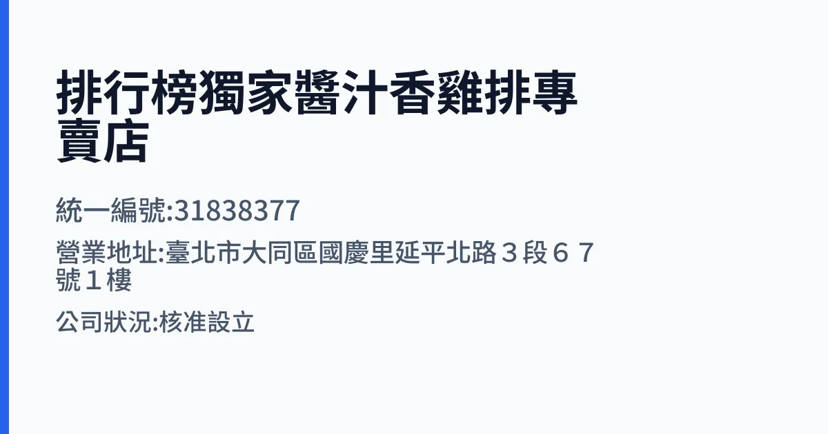 排行榜獨家醬汁香雞排專賣店 - 統編 31838377(臺北市) 公司登記資料與營業項目詳細圖表