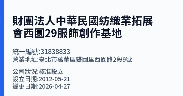 財團法人中華民國紡織業拓展會西園29服飾創作基地的照片-統編 31838833(臺北市) 公司登記資料與營業項目詳細圖表