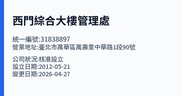 西門綜合大樓管理處的照片-統編 31838897(臺北市) 公司登記資料與營業項目詳細圖表