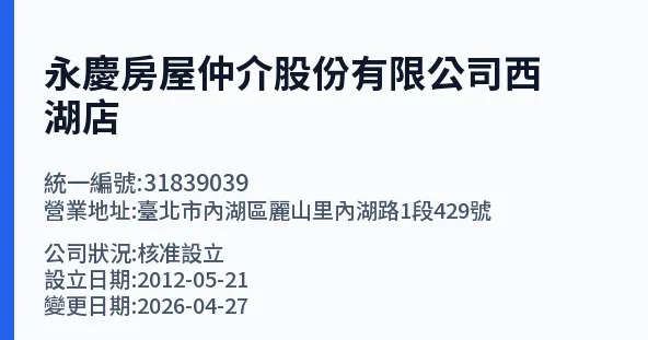 永慶房屋仲介股份有限公司西湖店的照片-統編 31839039(臺北市) 公司登記資料與營業項目詳細圖表