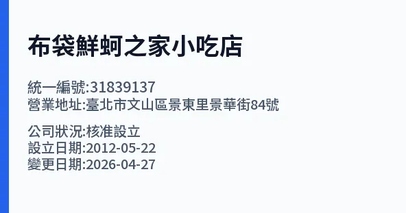 布袋鮮蚵之家小吃店的照片-統編 31839137(臺北市) 公司登記資料與營業項目詳細圖表