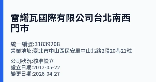 雷諾瓦國際有限公司台北南西門市的照片-統編 31839208(臺北市) 公司登記資料與營業項目詳細圖表