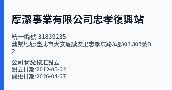 摩潔事業有限公司忠孝復興站的照片-統編 31839235(臺北市) 公司登記資料與營業項目詳細圖表
