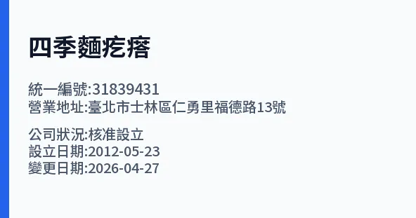 四季麵疙瘩的照片-統編 31839431(臺北市) 公司登記資料與營業項目詳細圖表