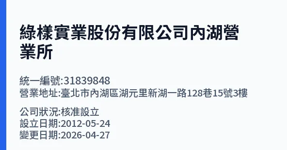 綠樣實業股份有限公司內湖營業所的照片-統編 31839848(臺北市) 公司登記資料與營業項目詳細圖表