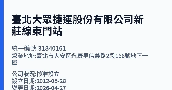 臺北大眾捷運股份有限公司新莊線東門站的照片-統編 31840161(臺北市) 公司登記資料與營業項目詳細圖表