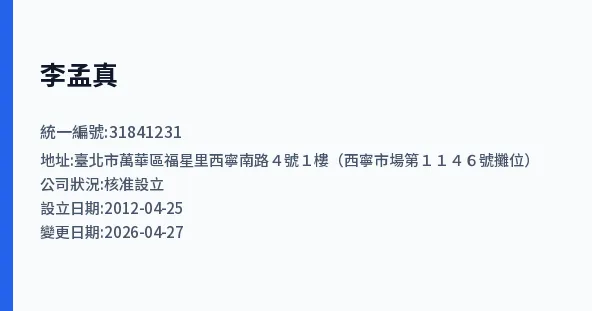 李孟真的照片-統編 31841231(臺北市) 公司登記資料與營業項目詳細圖表
